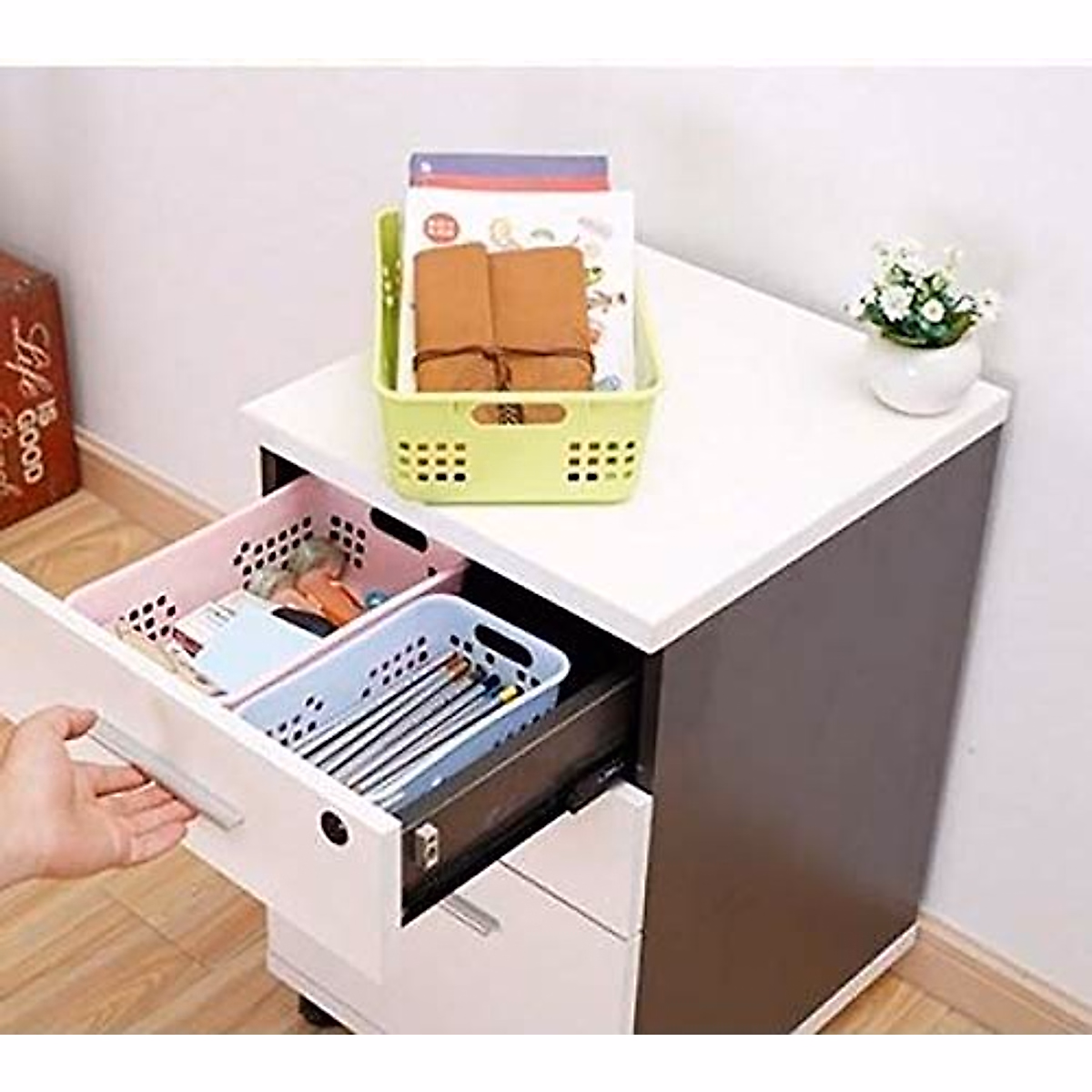 Jucoan 12 Pack Small Plastic Storage Baskets, 8.5 x 5.5 x 3 Inch Colorful Plastic Classroom Organizer Bin Tray, Stackable with Grip Handles for Bathroom, Drawers, Shelves, Closet, Office