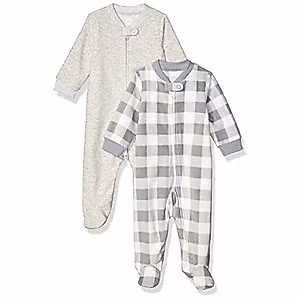 Amazon Essentials Unisex Babies' Microfleece Footed Zip-Front Sleep and Play, Pack of 2, Grey Buffalo Check/Light Grey Heather, 6-9 Months