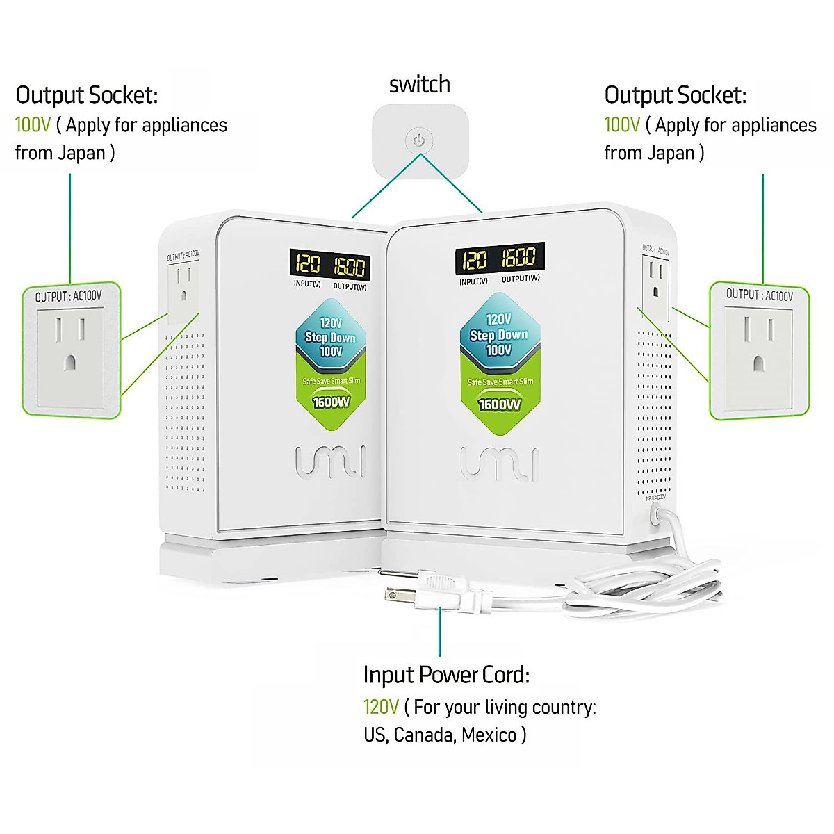 120V to 100V Voltage Converter 1600watts Step Down toroidal Voltage Converter for Japan appliances Used in US［CE, CQC Certified］