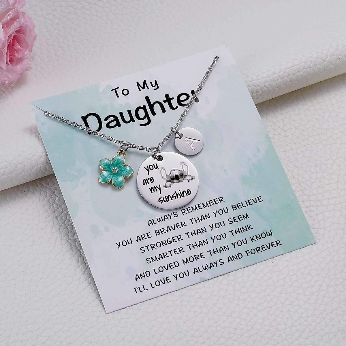MIXJOY To My Daughter Stitch Gifts You are My Sunshine Initial A Stitch Necklace&Sentimental Message Card for Teen Young Daughter Lilo and Stitch Jewelry Birthday