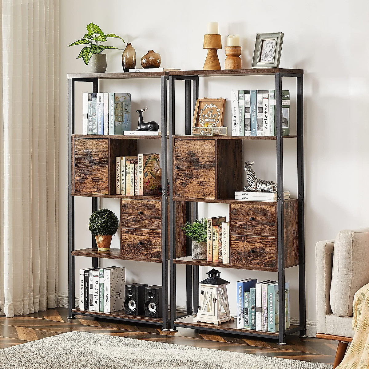 VECELO Bookcase with Doors/Drawers, Industrial 4-Tier Bookshelf Display Shelf Storage Cabinet for Books, Photos, Decorations, in Living Room,Bedroom, Home Office, Rustic Brown