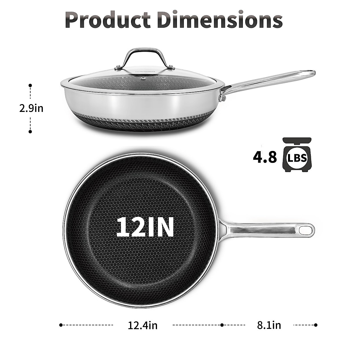 Bakoniion Hybrid Nonstick Frying Pan with Lid 12 Inch,Stainless Steel Honeycomb Pan Compatible with All Cooktops Dishwasher and Oven Safe