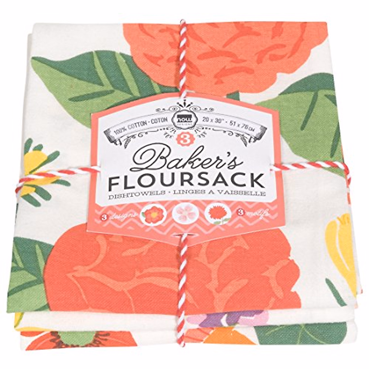 Now Designs Floursack Kitchen Towels Quick Dry Cotton Hand Towel Set, 3 Count, Flowers of The Month, 20 x 30 in