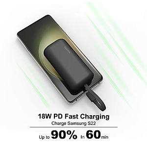 Portable Charger with Built-in USB-C Cable,10000mAh 18W PD Fast Charging Power Bank.Ultra-Compact Battery Pack Compatible with iPhone 15,15 Plus,15 Pro,Samsung Galaxy S23,S22,S21,Moto,LG (Black)