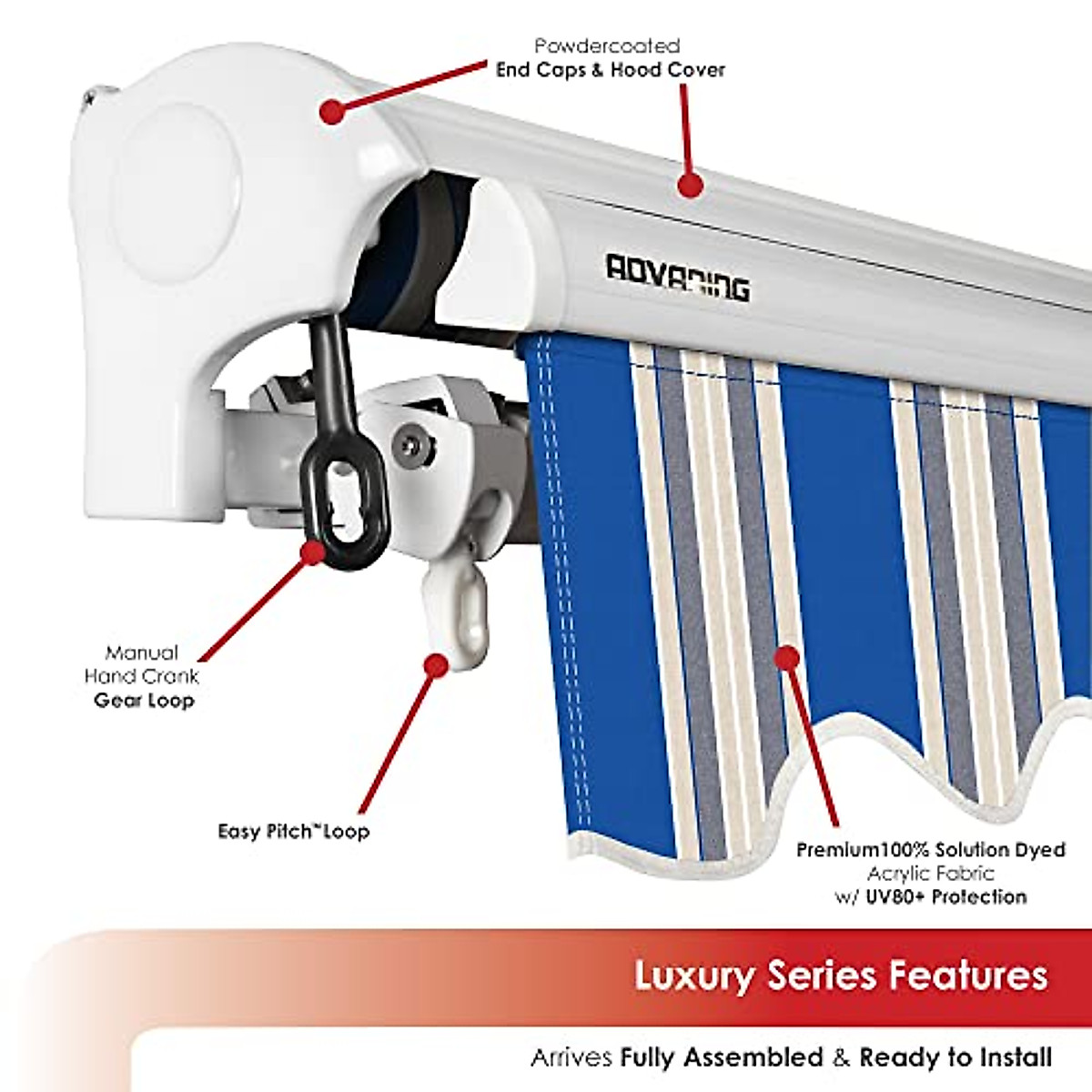 ADVANING MA1210-A447H2 Luxury Series, Premium Quality Manual Retractable Patio Awning, 100% Solution Dyed European Acrylic Easy UV Sunshade Manual Hand Crank, 12'x10', Ocean Blue - Sand Beige Stripes