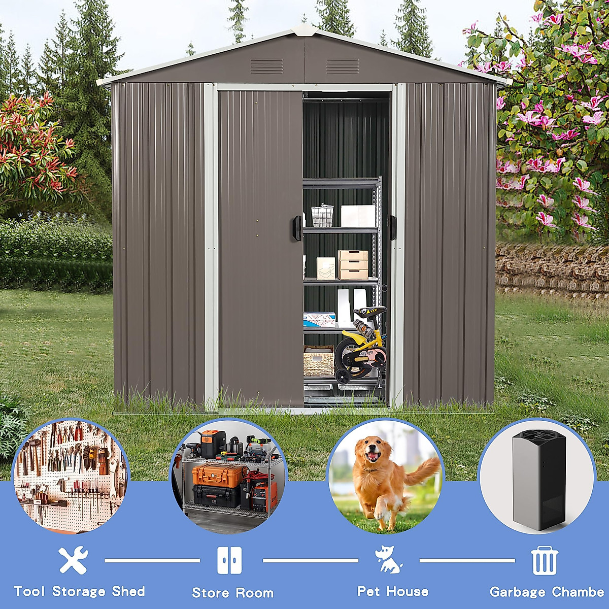 LUSPAZ 8ft x 4ft Outdoor Storage Shed with Floor Base, Metal Garden Shed Utility Tool Bike Storage Shed Cabinet with Lockable Sliding Doors and Vents, Weather Resistant Backyard Shed for Storage