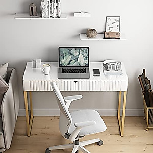White Vanity Desk with 2 Drawers, Gold and White Desk,Home Office Desk Modern Makeup Vanity Table, Entryway Console Table, Sofa Table (Golden Legs)