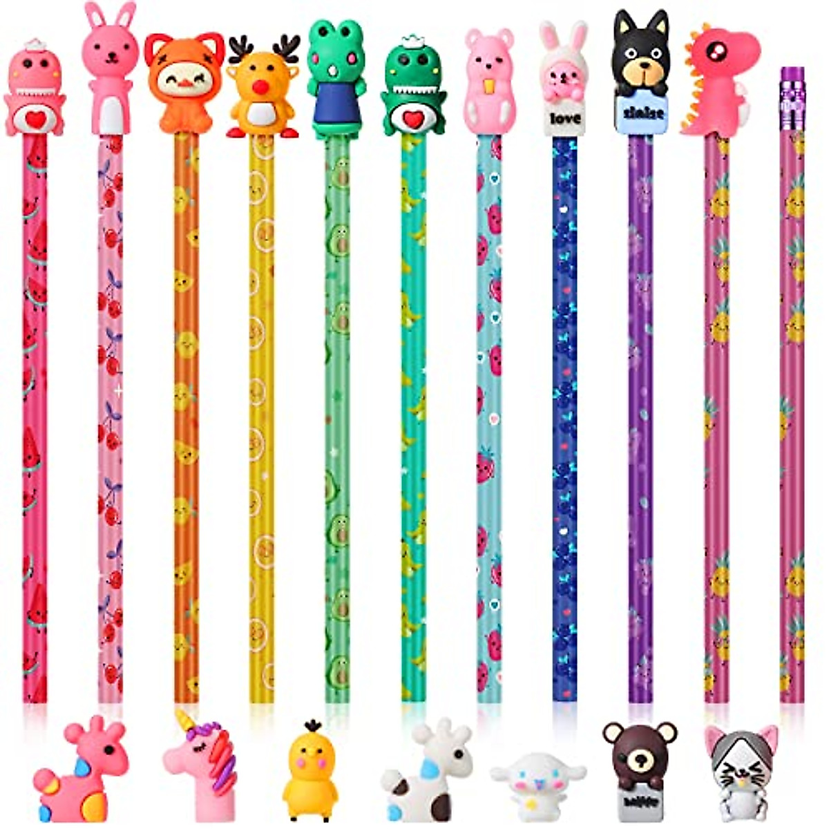 Ireer 60 Pcs Scented Pencils for Kids Animal Fruit Scent HB Graphite Pencils with 60 Pcs Cartoon Pencil Toppers Cute Pencil Cap Gift for School Office Classroom Party Reward Supplies (Bright Style)