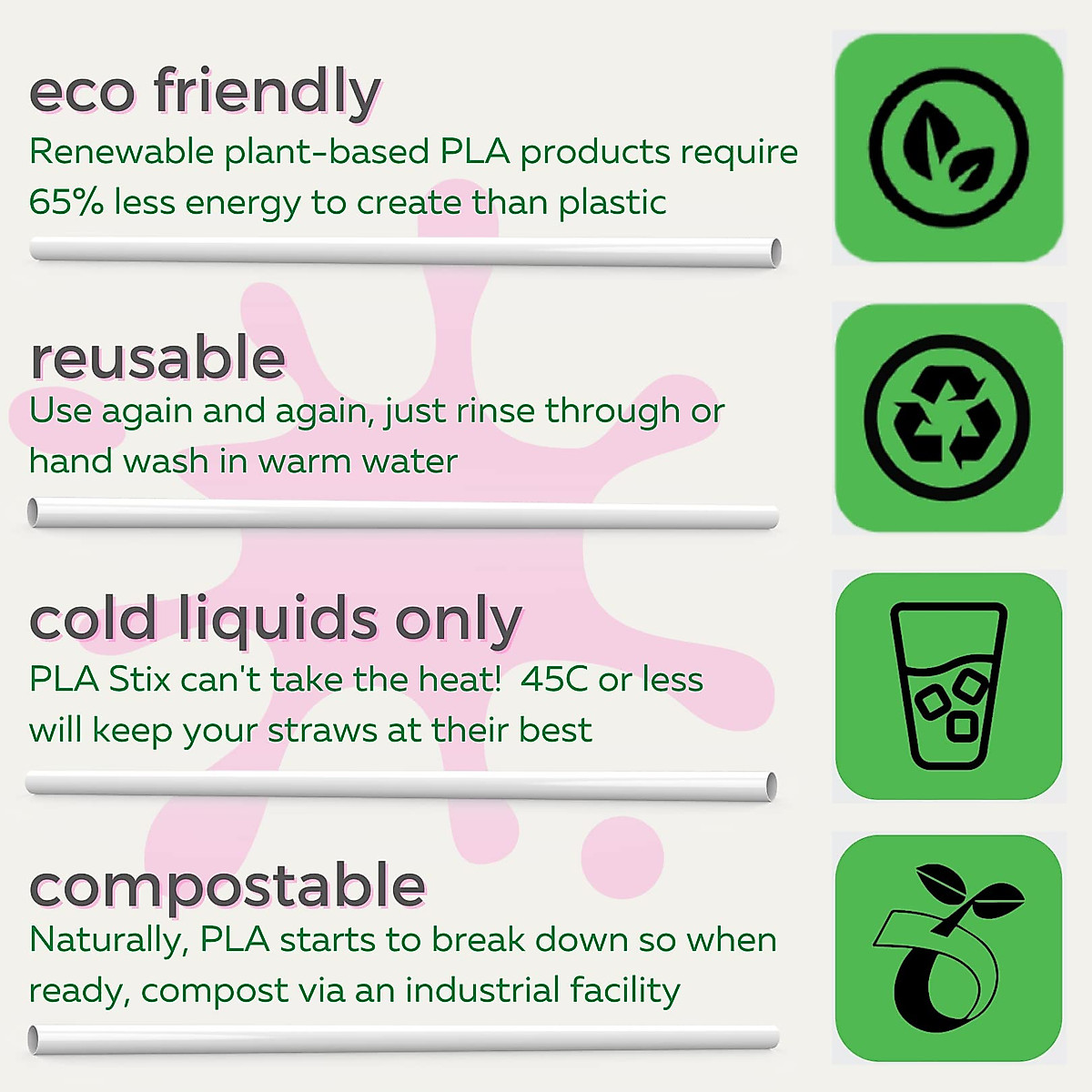 PLA Stix Compostable Drinking Straws - 200 [+20] White Disposable Straws: Bendy + Straight, 7 Inch Non-Plastic Reusable Straws made from Plants