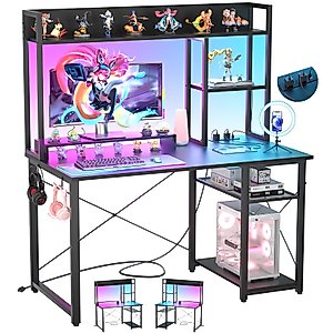 Cyclysio Gaming Desk with Hutch, 39'' Computer Desk with LED Lights & Power Outlets, Home Office Desk with Reversible 5 Tiers Storage Shelves & Monitor Stand, Small Gaming Table for Small Space, Black