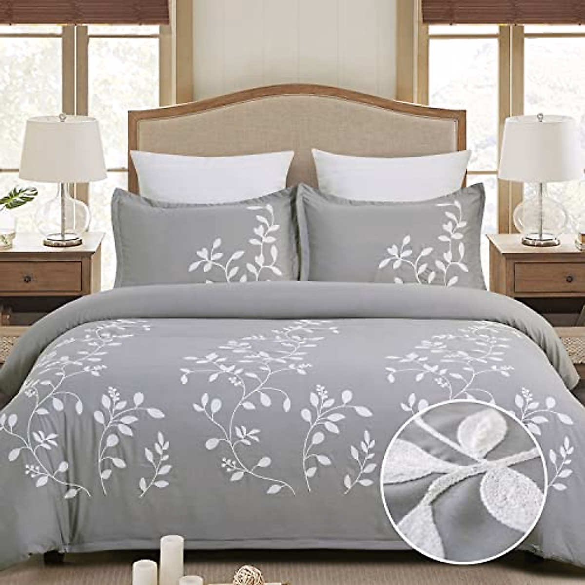 Dykoos Embroidered Soft Brushed Microfiber Duvet Cover Set, Floral Branches, Gray and White, King Size with Zipper Closure and Corner Ties, 1 Duvet Cover and 2 Pillow Shams