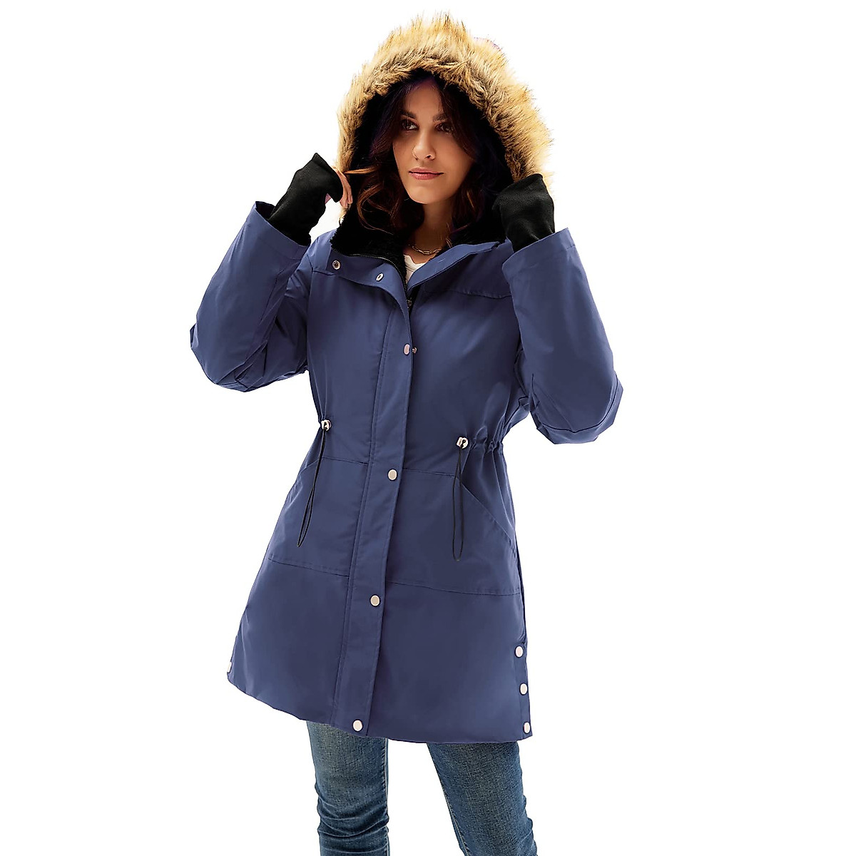 GRACE KARIN Women’s Winter Warm Thickened Outerwear Zip-up Coat Faux Fur Hood Parkas Navy L