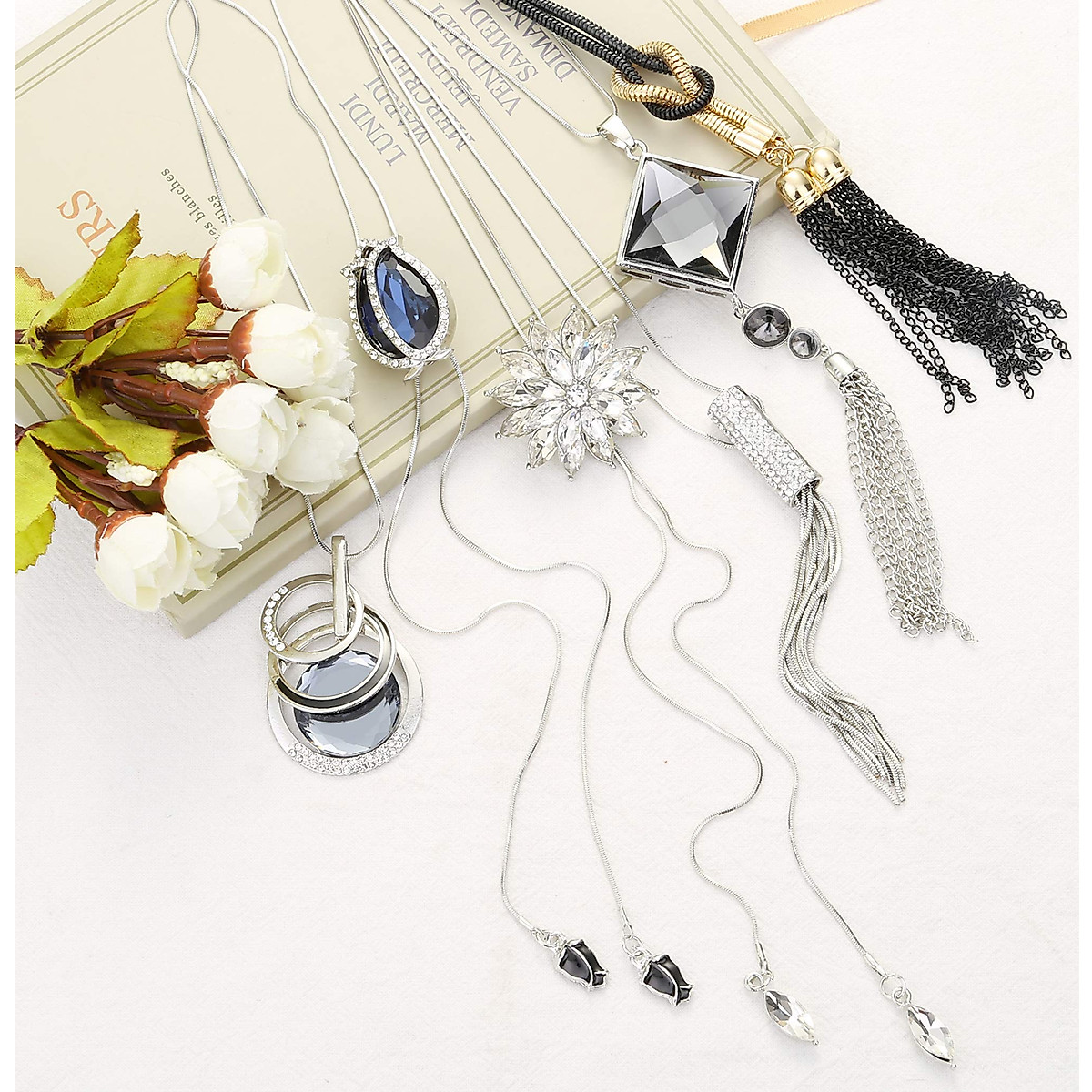 Jstyle 6Pcs Women Long Sweater Necklace Silver Plated Rhinestone Flower Tassel Pendant Neckace Jewelry Women Gifts