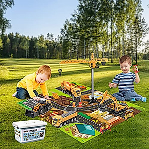DOLIVE Construction Site Vehicles Toy with Mat, Crane Toy Tractor, Tower Crane Truck, Dump Trucks, Excavator, Cement Mixer Trucks, Kids Engineering Playset for 3+ Year Olds Boys Girls