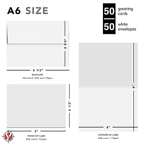 50 Greeting Cards Set – Blank White A6 (4.5" x 6") Cardstock and Envelopes – Customized and Personalized Cards for Business, Holidays, Bridal Showers, Birthdays, Wedding Invitations, All Occasion