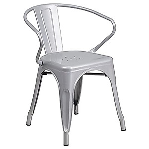 EMMA + OLIVER Commercial Grade 31.5" Square Silver Metal Indoor-Outdoor Table Set-4 Arm Chairs