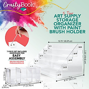 CraftyBook 5-Tiered Art Supply Storage Organizer with Paint Brush Holder - Clear Acrylic Tabletop Gel Polish Paint Storage Step Shelf - Acrylic Nail Polish Organizer Shelf for Hobby and Model Paint
