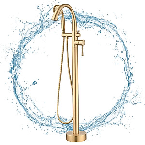 PROOX Freestanding Bathtub Faucet Floor Mounted, High Flow Free Standing Tub Filler with Hand Sprayer, Swivel Spout - Brushed Gold