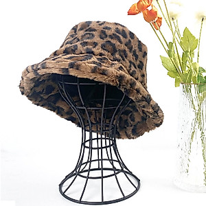 Fuzzy Bucket Hat Women Leopard Print Men Plush Soft Winter Warm Fluffy Fisherman Caps Adjustable (Brown Leopard)