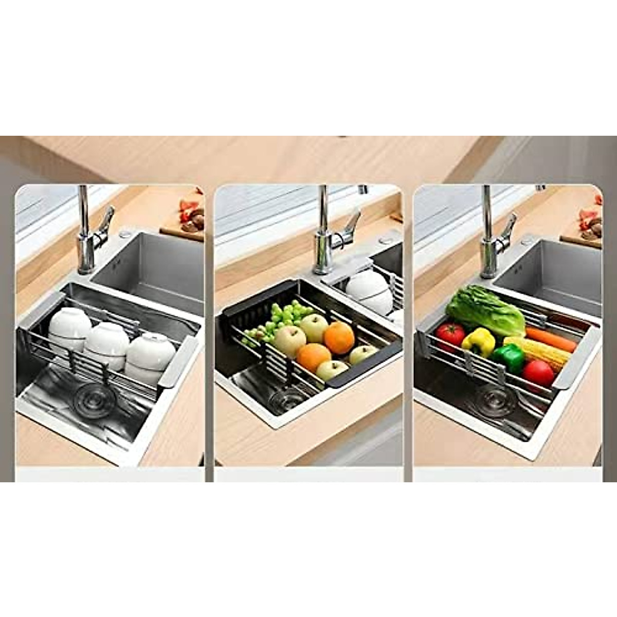 Temu Kitchen Drain Rack, Stainless Steel Kitchen Basket, Home Dish Rack, Retractable Sink Shelf, Vegetable Fruit Rack