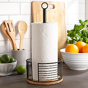 Countertop Paper Towel Holder - Black Metal Wire Kitchen Roll Holder with Wooden Base - Farmhouse Paper Towel Stand