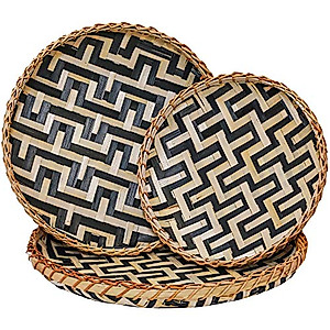 Bamboo Woven Wall Baskets Decor Boho Flat Set 3 Shallow Basket for Organizing Kitchen Wicker Tray for Coffee Table Trays Decorative Plates for Wall Hanging Farmhouse Wicker Serving Tray