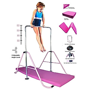 Athletic Bar Gymnastics Bar Horizontal Kip Bar + 2x6 Tri Fold Mat Junior Training Adjustable Expandable Height Jungle Gym Children Monkey Bars Climb Tower Playground Gymnasts + Stretch Band (Purple)