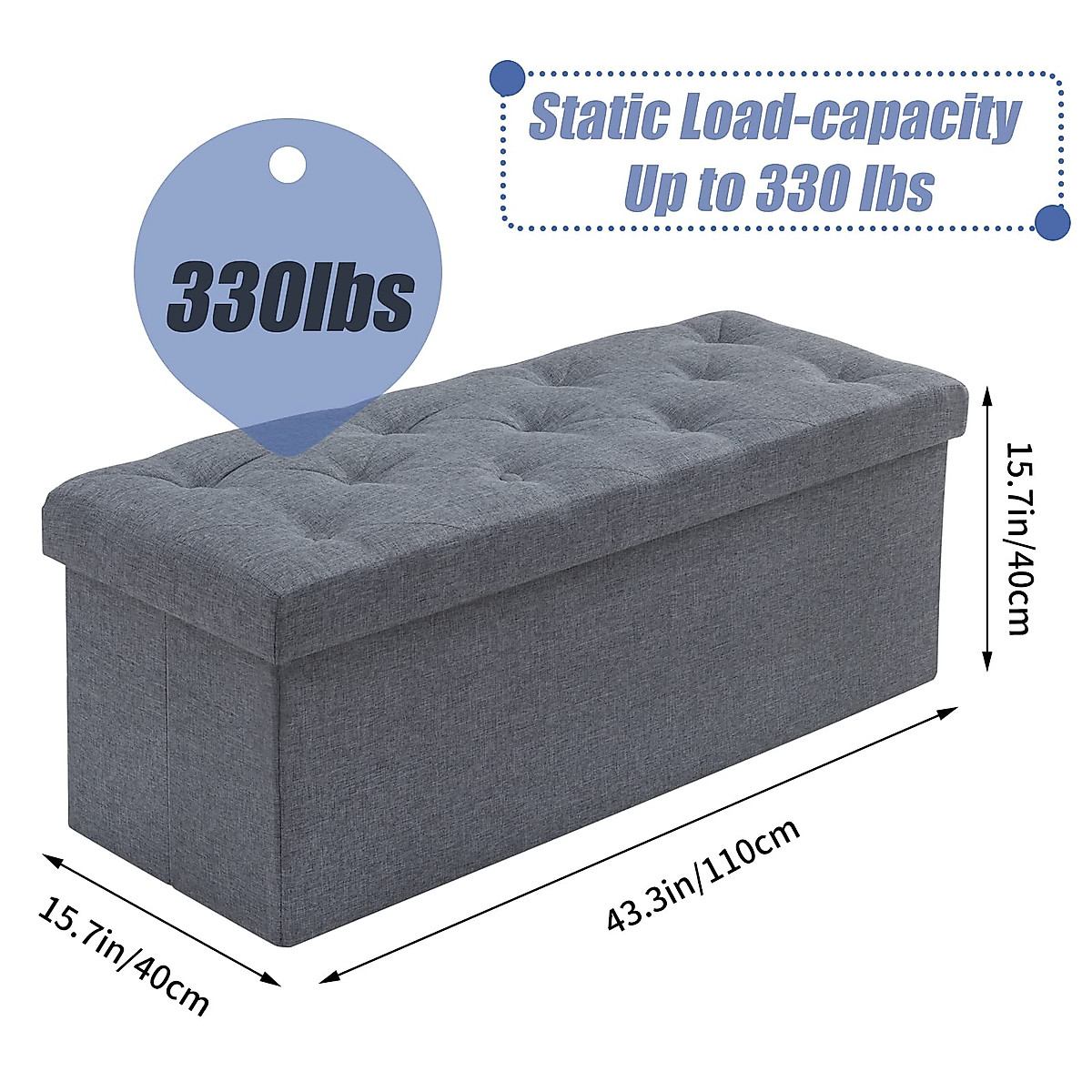 BRIAN & DANY 43 inch Ottoman with Storage, Linen Storage Ottoman Bench, Folding Ottoman Storage for Bedroom and Living Room - Gray