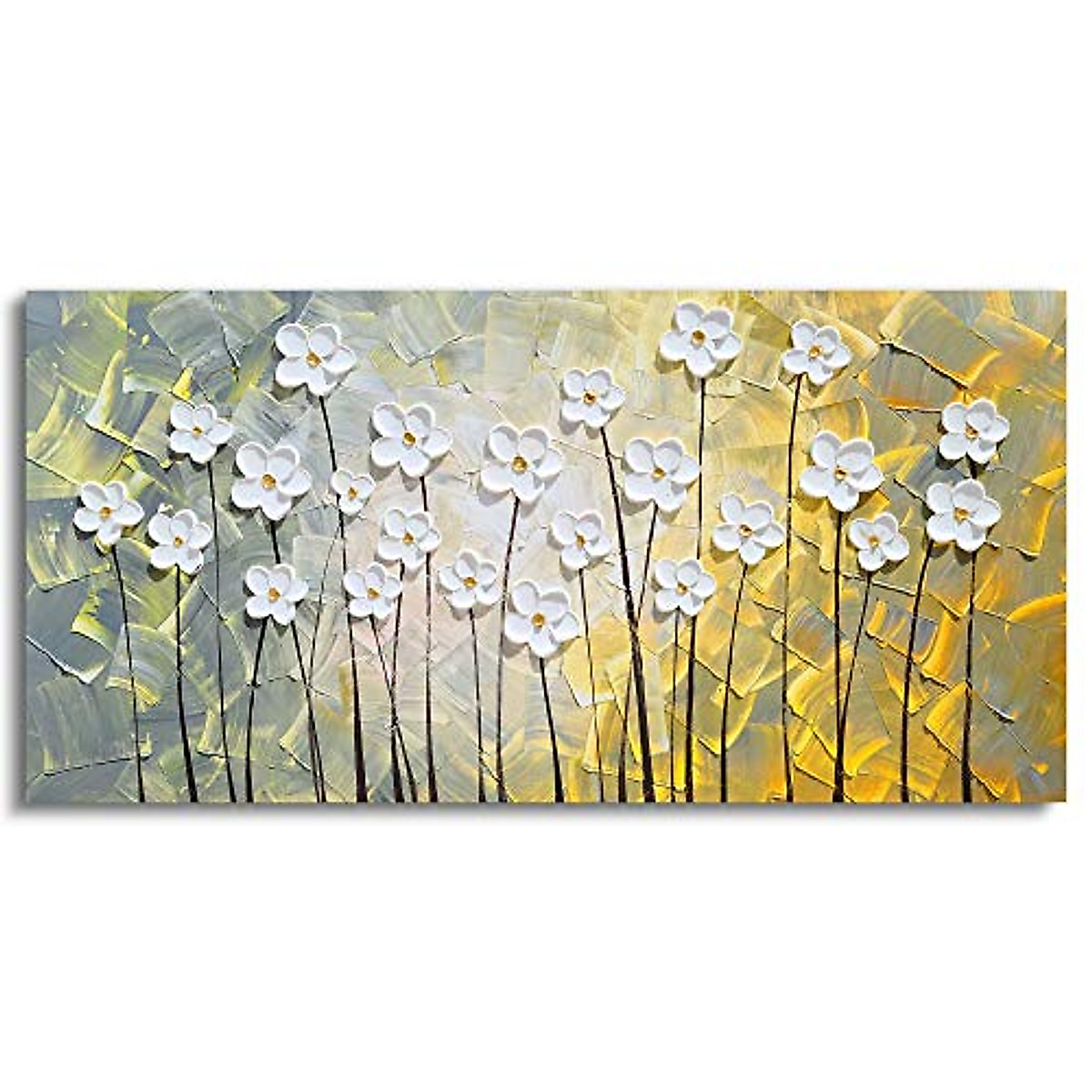 SYGALLERIER White Flower Canvas Wall Art Hand Painted Heavy Textured Paintings Yellow and White Pictures Contemporary Artwork for Living Room Bedroom Dinning Decor