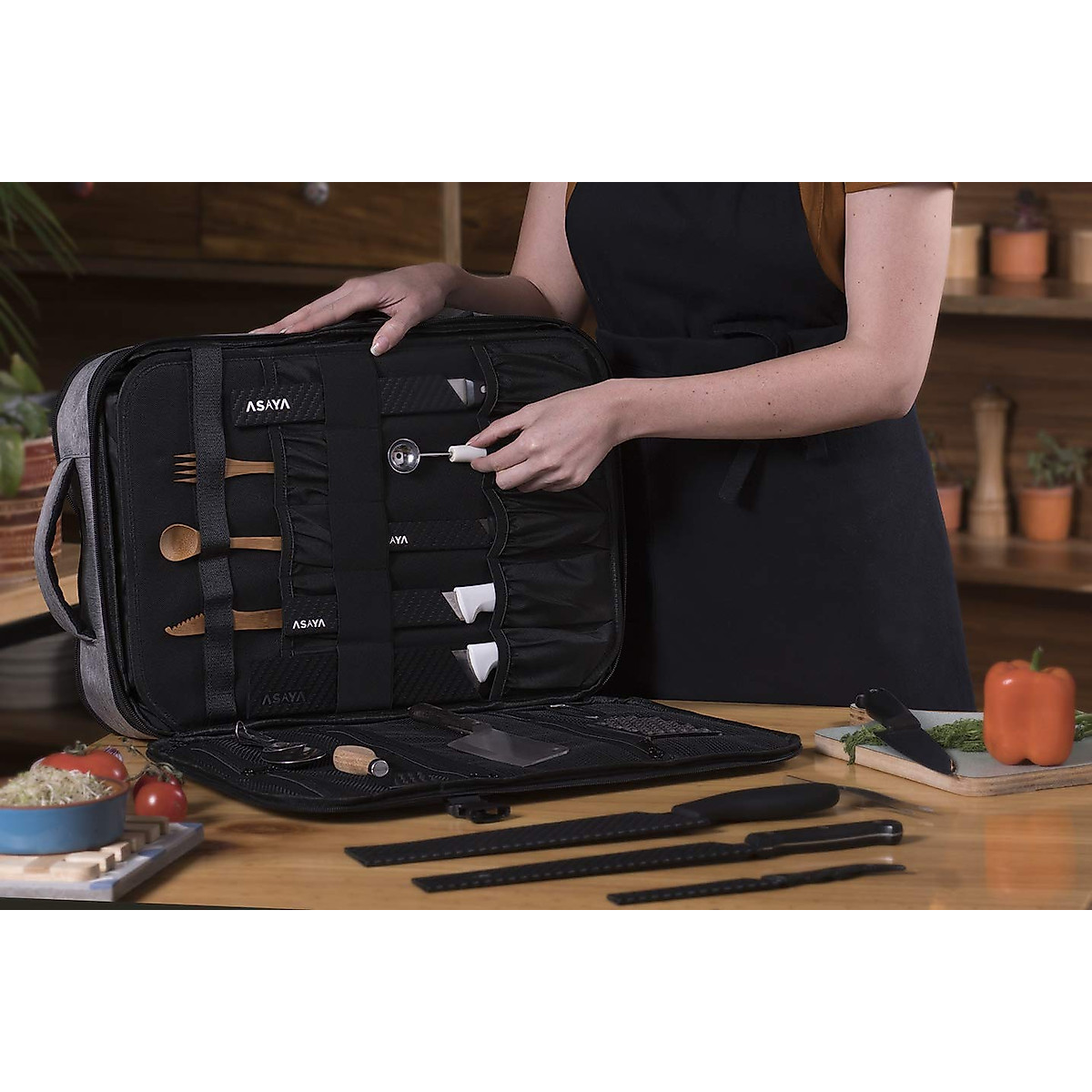 Asaya Chef Knife Backpack with 20 Pocket Knife Roll Bag - Over 30 Pockets for Knives and Kitchen Utensils - Stain Resistant Waxed Nylon - Padded for Extra Protection - Knives Not Included (Grey)