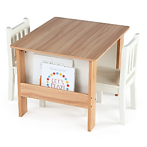 Humble Crew, Natural/White Wood Table Set with Book Storage, 2 Chairs-Toddler