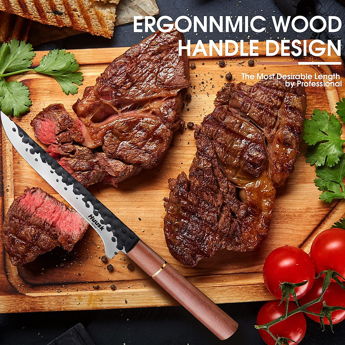 Huusk Boning Knife for Meat Cutting, 7 Inch Fillet Knife Hand Forged Carbon Steel Butcher Knife, Brisket Trimming Knife for Meat and Poultry Fish with Rosewood Handle Gift Box