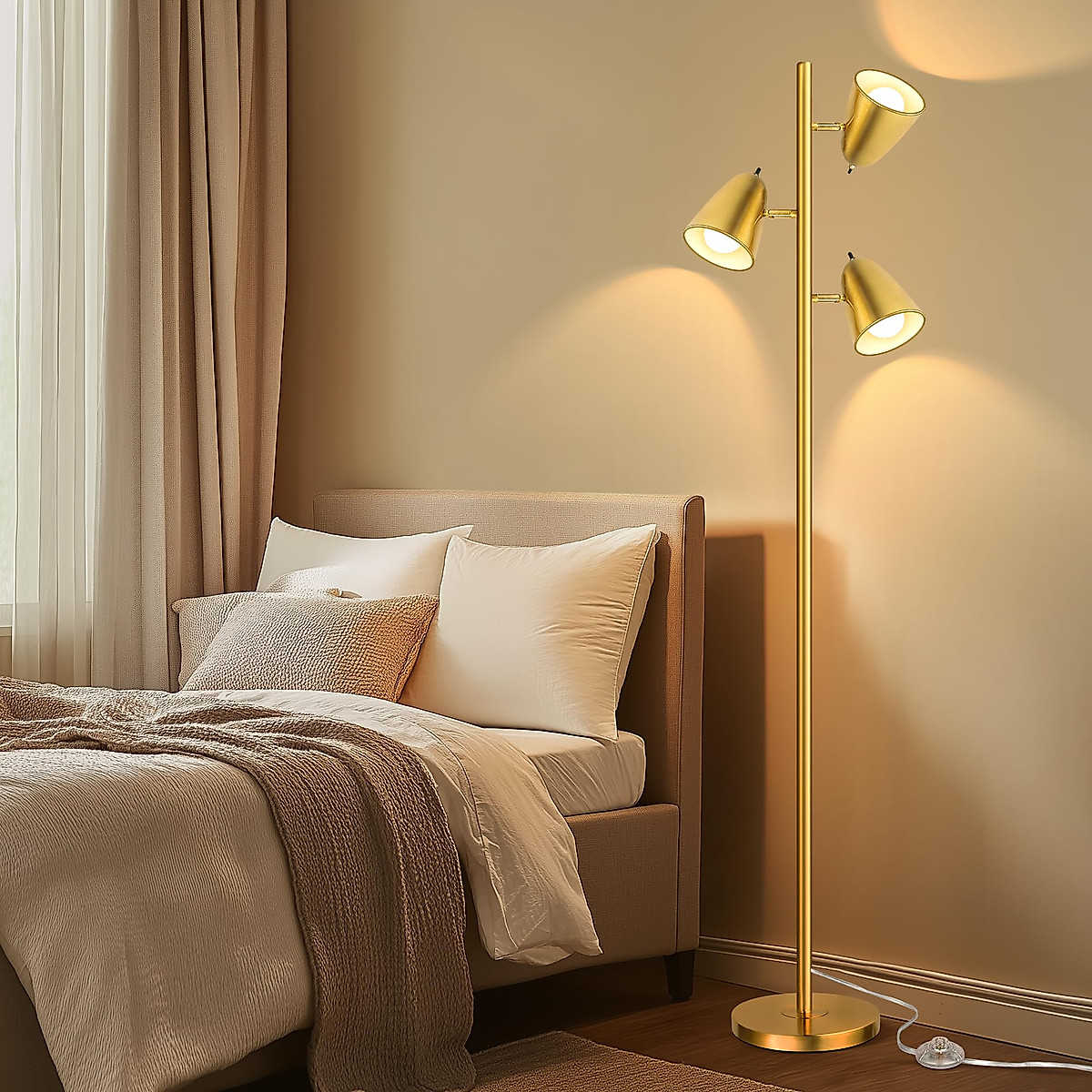 QiMH Tree Floor Lamp with 3 Light Bulbs, Standing Tall Pole Lamps for Living Room Bedroom Office, Reading Stand up Lamps with 3 Adjustable Arms, Brushed Gold