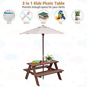 Costzon Kids Picnic Table, Wooden Table & Bench Set w/Removable & Foldable Umbrella, Toddler Patio Set for Backyard, Garden, Lawn, Girls & Boys Gift, Kids Table and Chair Set for Outdoors (Natural)