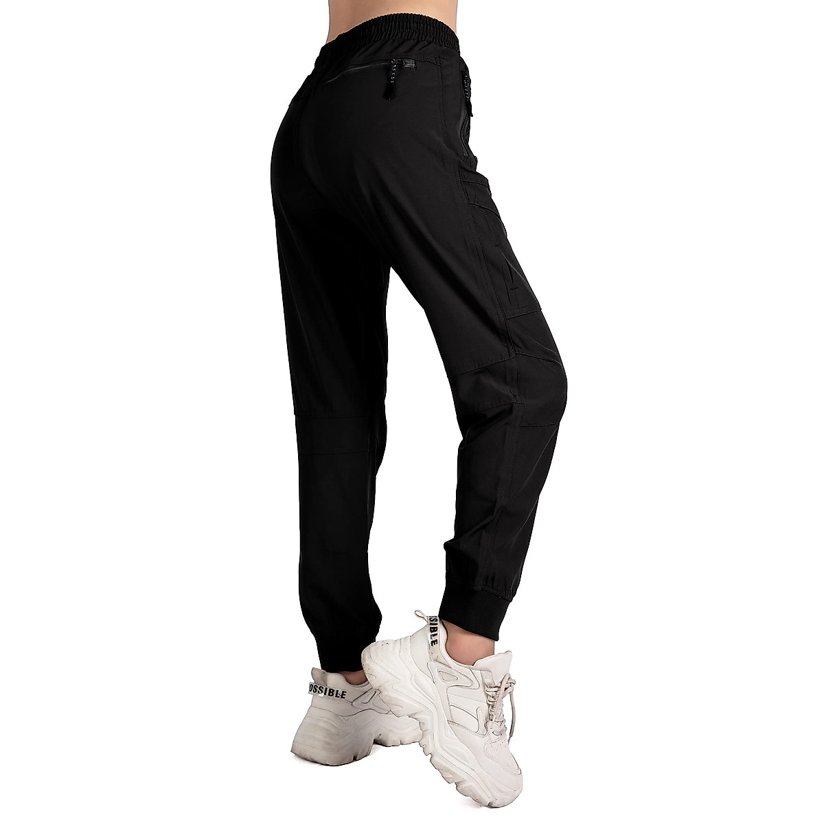 Singbring Women's Athletic Hiking Cargo Joggers Pants Outdoor Workout Lightweight Quick Dry UPF 50 Zipper Pockets (Black88-M)