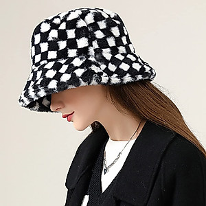 Campsis Winter Faux Bucket Hat Black Checkerboard Wool Fluffy Plush Bucket Hat Thick Fuzzy Fisherman Hat Skiing Cycling Camping Hiking for Women and Girls