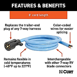 CURT 56612 Extreme Temperature, Cold Weather 7-Pin RV Blade Trailer Wiring Harness Plug, 7-Foot Blunt-Cut Wires, -40F to 221F Degree Rating