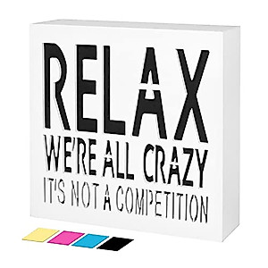 Pigort Relax We're All Crazy Box Sign Funny Quote Desk Decorative Positive Wall Plaque Pallet Saying Quotes for Birthday - Presents for Friends and Family 6 x 6 x 1.8 inches