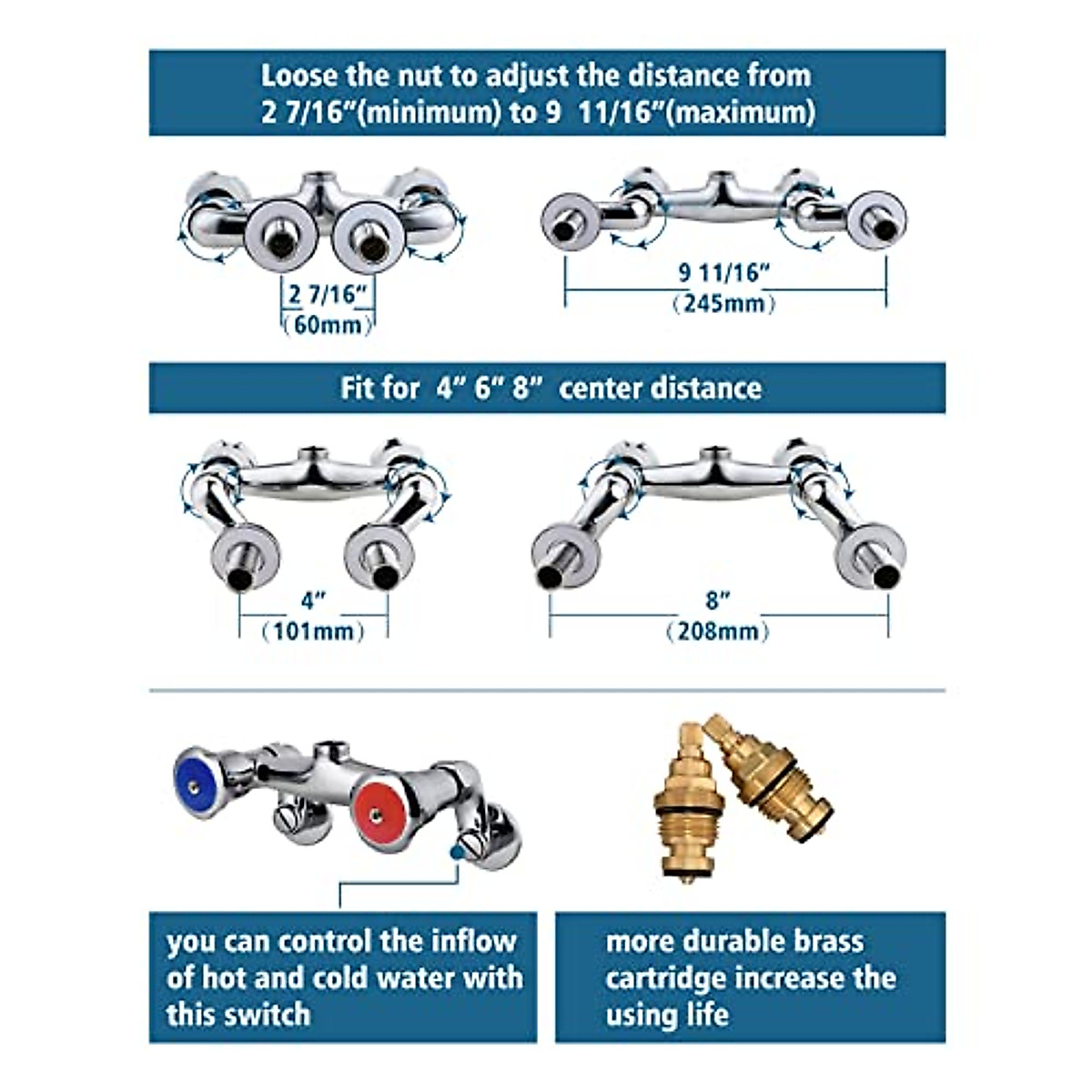 MaxSen Commercial Sink Faucet with Sprayer 25" Height Pre-Rinse Faucet 4" to 8" Adjustable Center Wall Mount Kitchen Faucet Restaurant Compartment Sink Faucet with 12” Swivel Spout Chrome