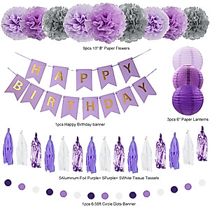72Pcs Purple Birthday Party Decorations for Girls Women, Lavender Purple and Sliver Butterfly Party Decorations Supplies Balloons Happy Birthday Banner Circle Dots Paper Lanterns Pom Hanging Swirls