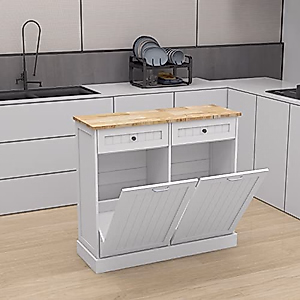 OQSC Double Tilt Out Trash Cabinet with 2 Drawers Wooden Free Standing Laundry Sorter Cabinet Kitchen Recycling Trash Can Bin Holder Cabinet with Storage (White)