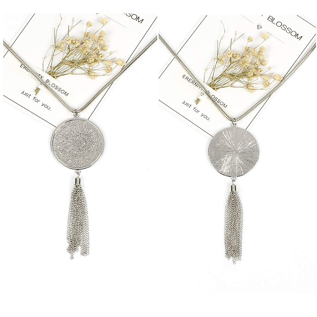 SEVENSTONE 3PCS Long Pendant Necklaces for Women Knot Disk Circle Tassel Statement Sweater Silver Necklace Set