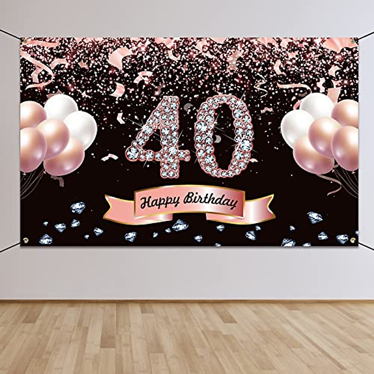 Trgowaul 40th Birthday Decorations for Women - Rose Gold Birthday Backdrop Banner, 40 Year Old Birthday Party Poster Decor, Happy 40th Birthday Party Decoration Photography Background 43.3"L x 70.8"W