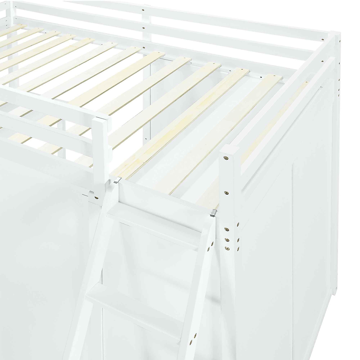 ATY Twin Size Loft Bed with 4 Storage Shelves and Wardrobe, Solid Wood Bedframe w/Desk & Ladder, Maximum Space, No Spring Needed Required, for Kids Teens Adults, White