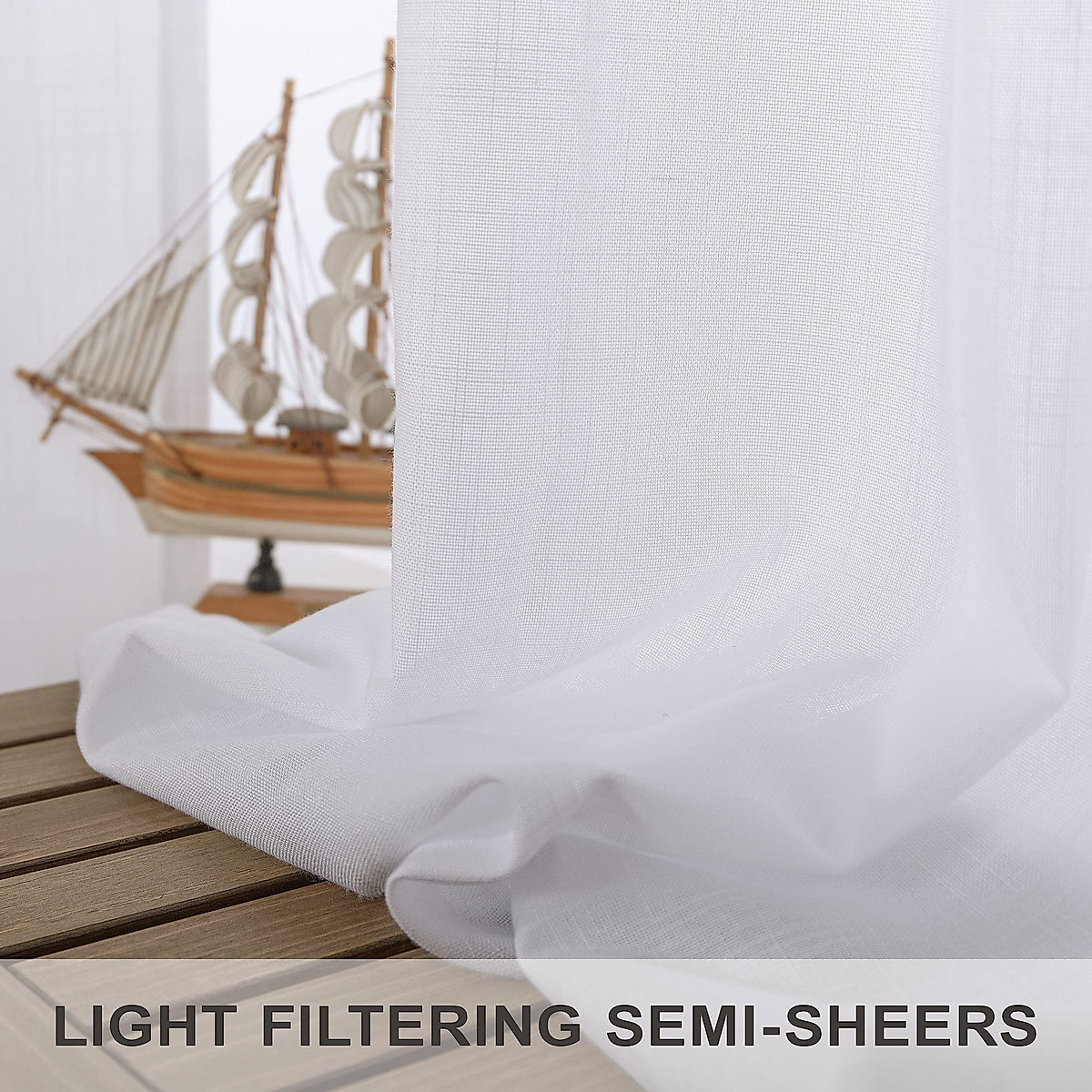 White Back Tab Curtains 45 Inch Length for Kitchen 2 Panels Set Pocket Light Reducing Semi Sheer Cotton Look Casual Woven Textured Short Cafe Tier Curtains for Bathroom Bedroom Dining Room 52x45 Long