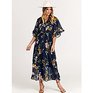 ANRABESS Women's Summer Ruffle Maxi Dress Floral Print 3/4 Bell Sleeve V Neck High Waist Flowy Boho Long Dress 746fenchahua-M