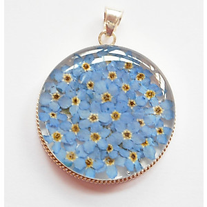 Sterling Silver Big Round Dried Pressed Flower Pendant Blue forget me not