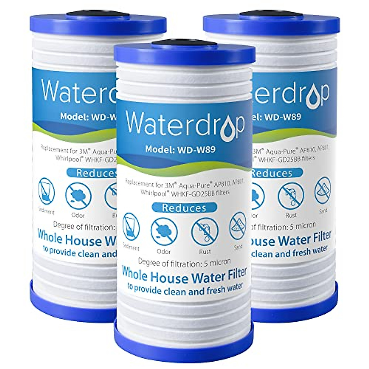Waterdrop AP810 Whole House Water Filter, Replacement for 3M® Aqua-Pure® AP810, AP801, AP811, Whirlpool® WHKF-GD25BB, WHKF-DWHBB, 5 Micron, 10" x 4.5", Well & Tap Water Filter, Pack of 3