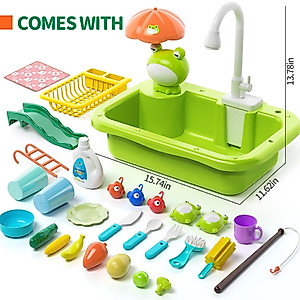 Play Sink with Running Water, Kitchen Play Sink Toy with Electric Faucet, Play Kitchen Accessories, Floating Pool Toys & Fishing Game, Kids Pretend Play-Dishwasher Play Set for Boys Girls Toddlers