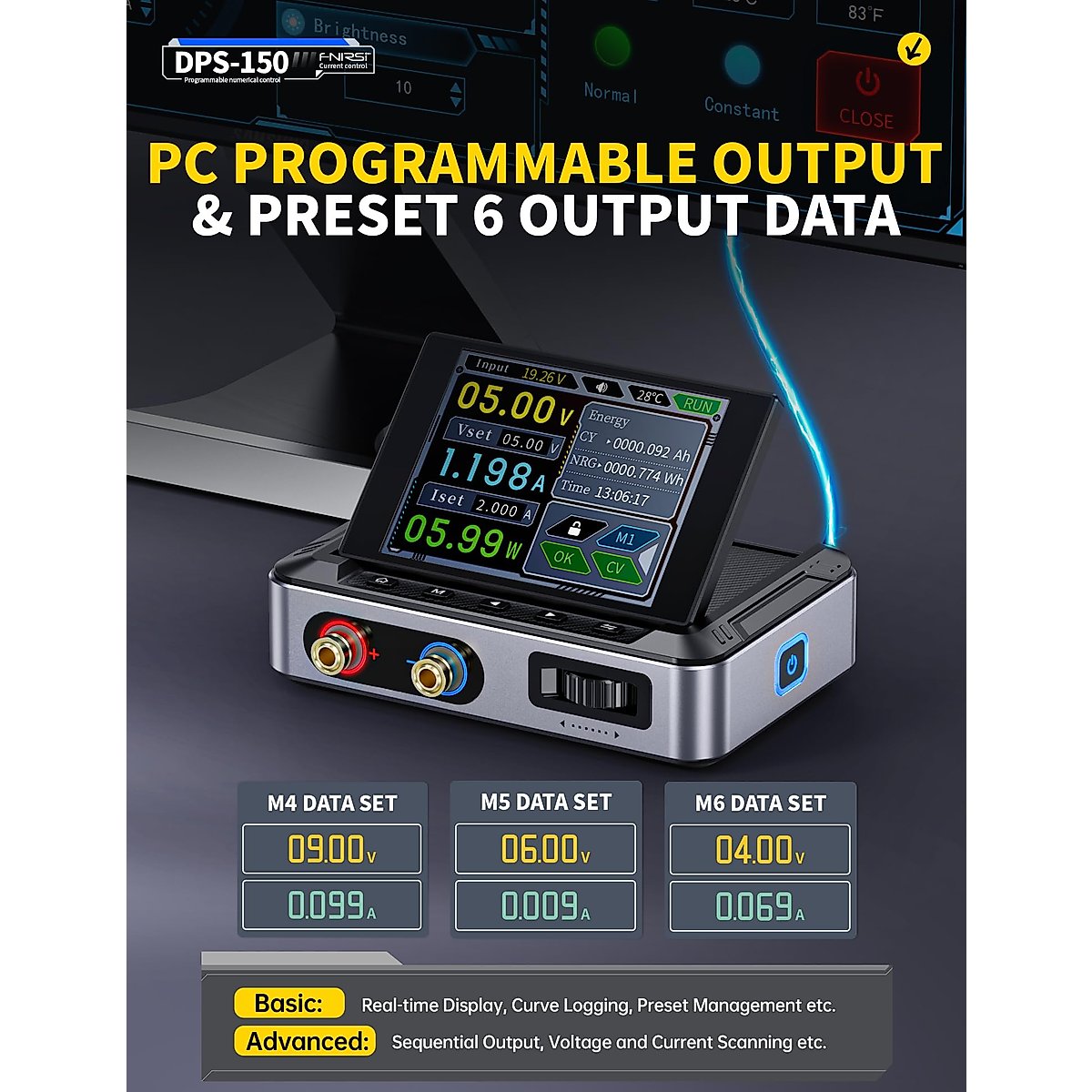 FNIRSI DPS-150 DC Power Supply Variable, 0-30V 0-5A Adjustable DC CNC Power Supply with 4-Digit IPS Display, <20mV Power Ripple, PD/QC/DC Input, PC Programmable Regulated Switching Power Supply